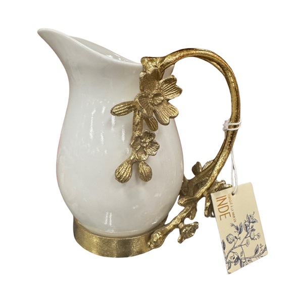 Dining | Elegant White Pitcher With Gold Floral Handle | Poshmark